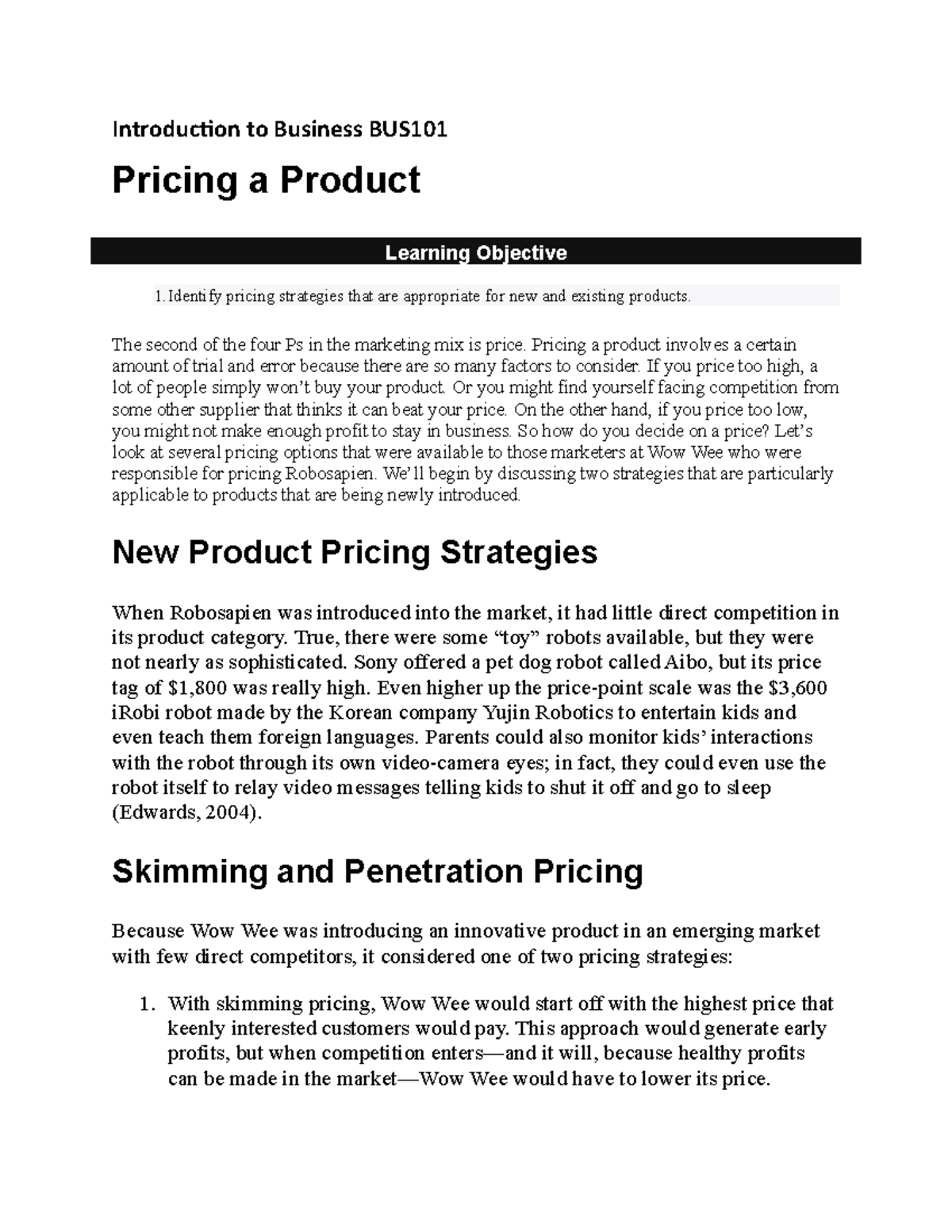 Introduction to Business BUS101 Pricing a Product - Introduction to ...