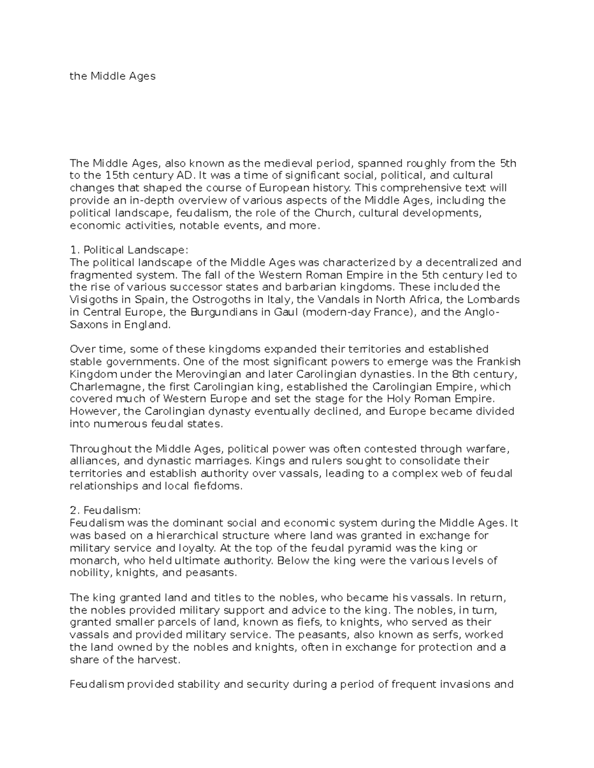 The Middle Ages: Overview of Political Landscape Feudalism Role of the ...