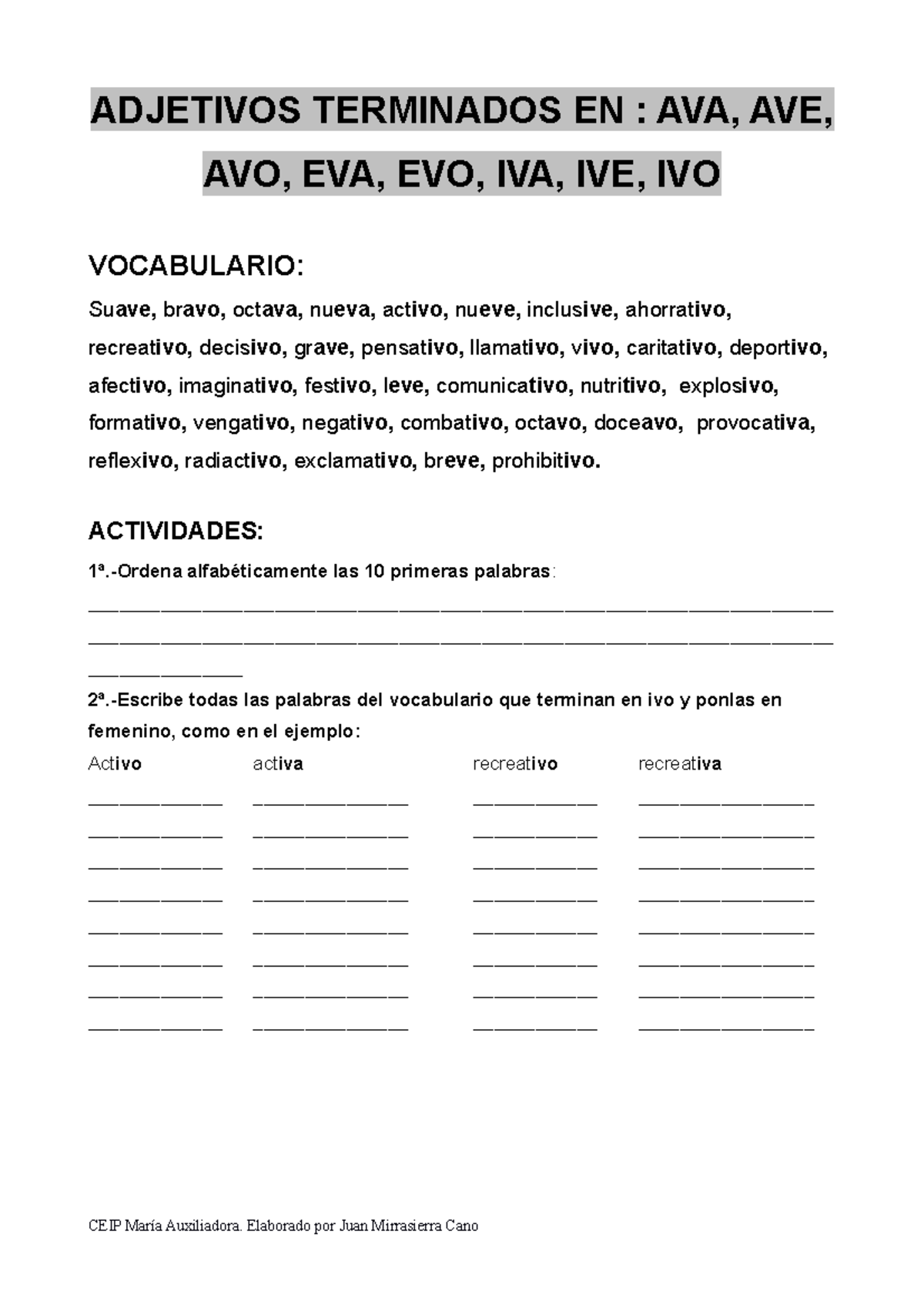 Adjetivos terminados en ava ave avo eva eve evo iva ive ivo - ADJETIVOS ...