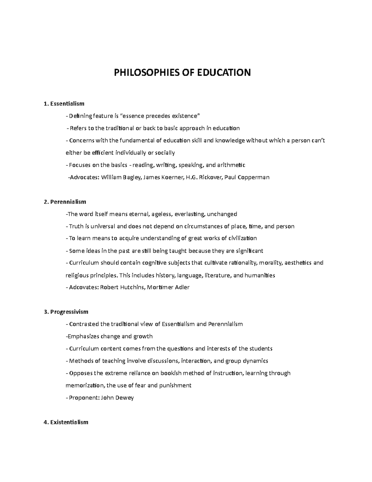 Philosophies OF Education Handout - PHILOSOPHIES OF EDUCATION ...