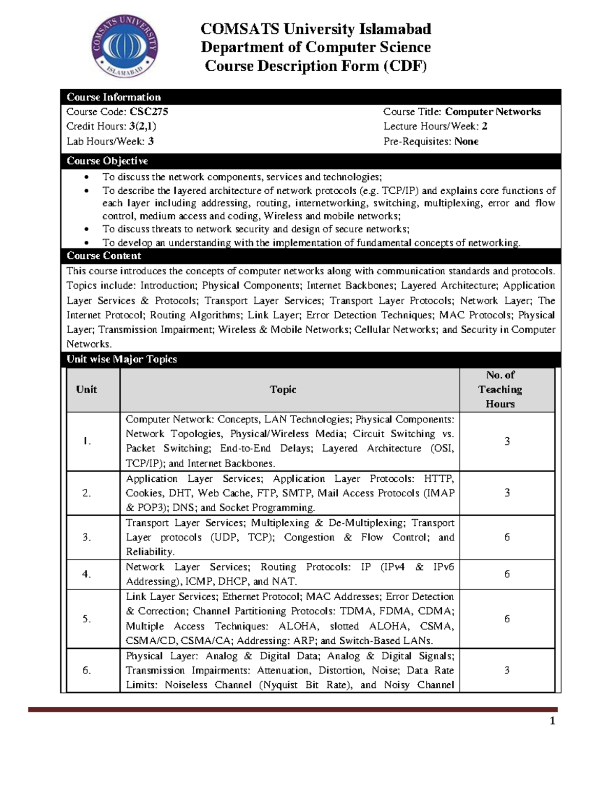 CSC275 CN CDF V4 - cdf for cn - 1 Course Information Course Code: CSC ...