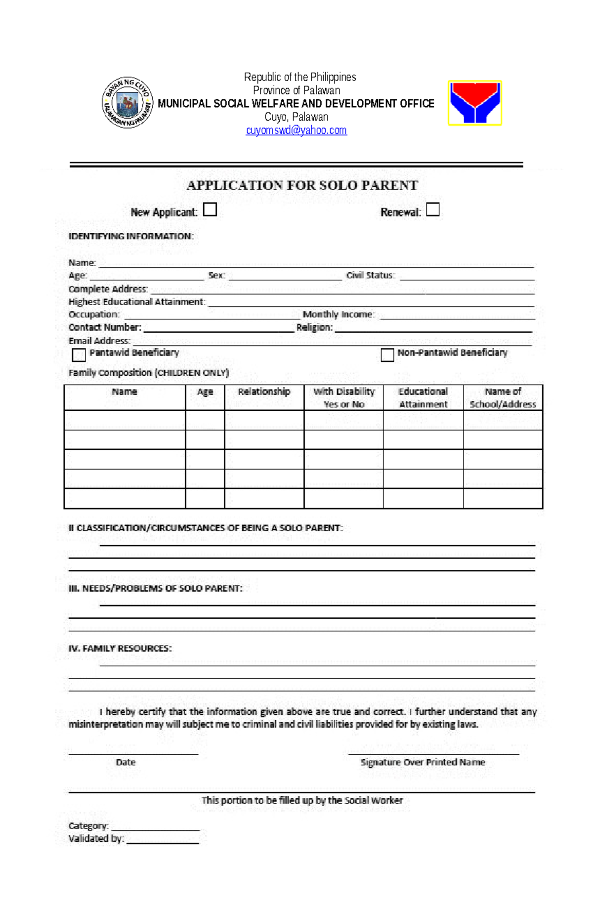SOLO Parent FORM NEW - form - Philippine Social Realities and Social ...