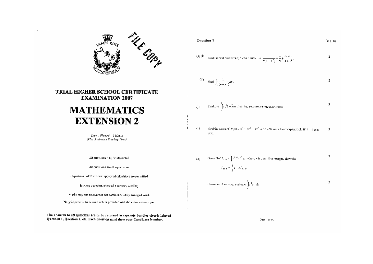 James Ruse 2007 4U Trials & Solutions - PREMIUM Question 1 Marks JAMES ...