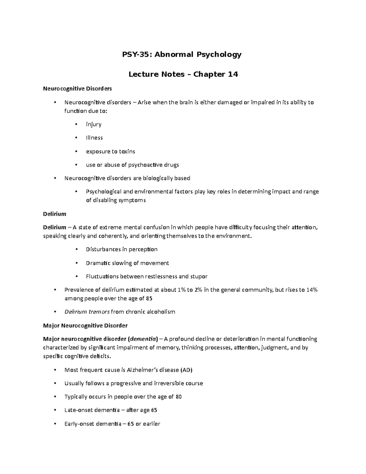 Chapter 14 Lecture Notes - Neurocognitive Disorders and Disorders ...