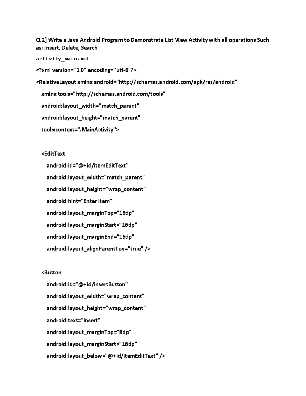 Slip 13 2 - slip 13 Q2 - Q] Write a Java Android Program to Demonstrate List View Activity with ...