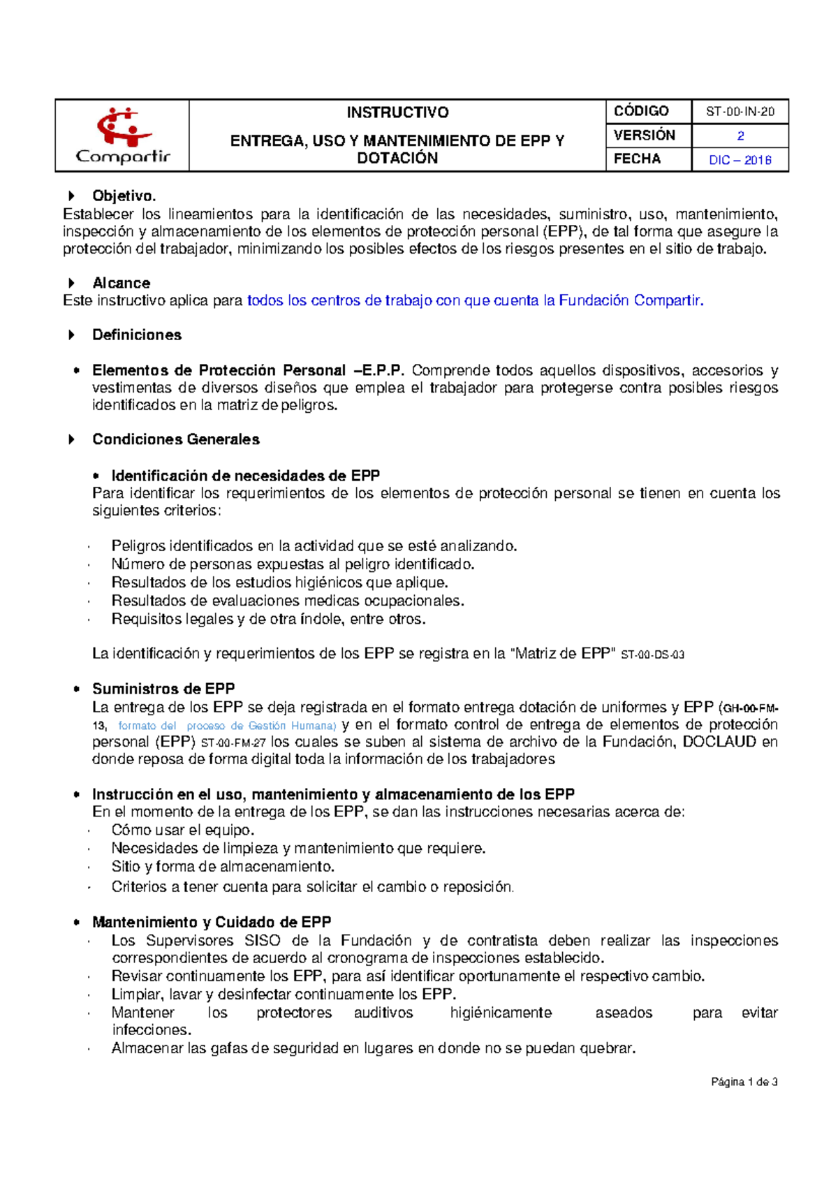 St-00-in-20 instructivo entrega epp v2 - INSTRUCTIVO ENTREGA, USO Y MANTENIMIENTO DE EPP Y - Studocu