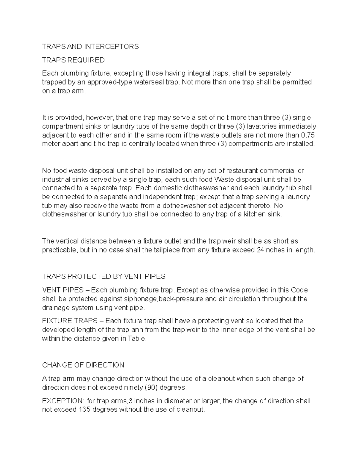 Traps - notes - TRAPS AND INTERCEPTORS TRAPS REQUIRED Each plumbing ...
