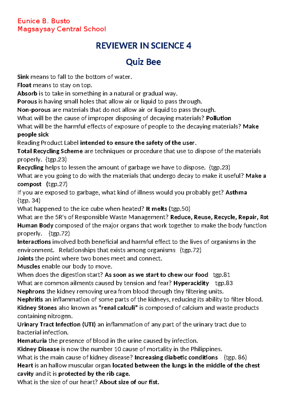 Reviewer IN Science 4 Quiz Bee Continuation 1 - Eunice B. Busto ...