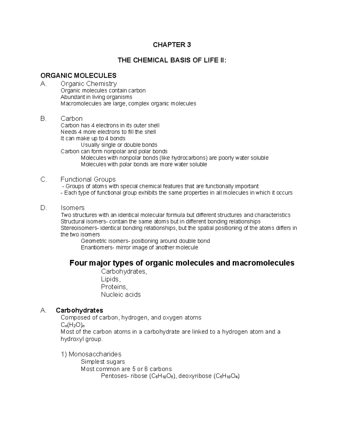 BSC2020 Chapter 3 Notes - CHAPTER 3 THE CHEMICAL BASIS OF LIFE II ...