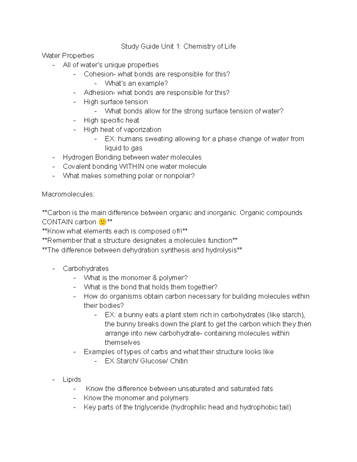 Study Guide Unit 1 Chemistry of Life - Organic compounds CONTAIN carbon ...