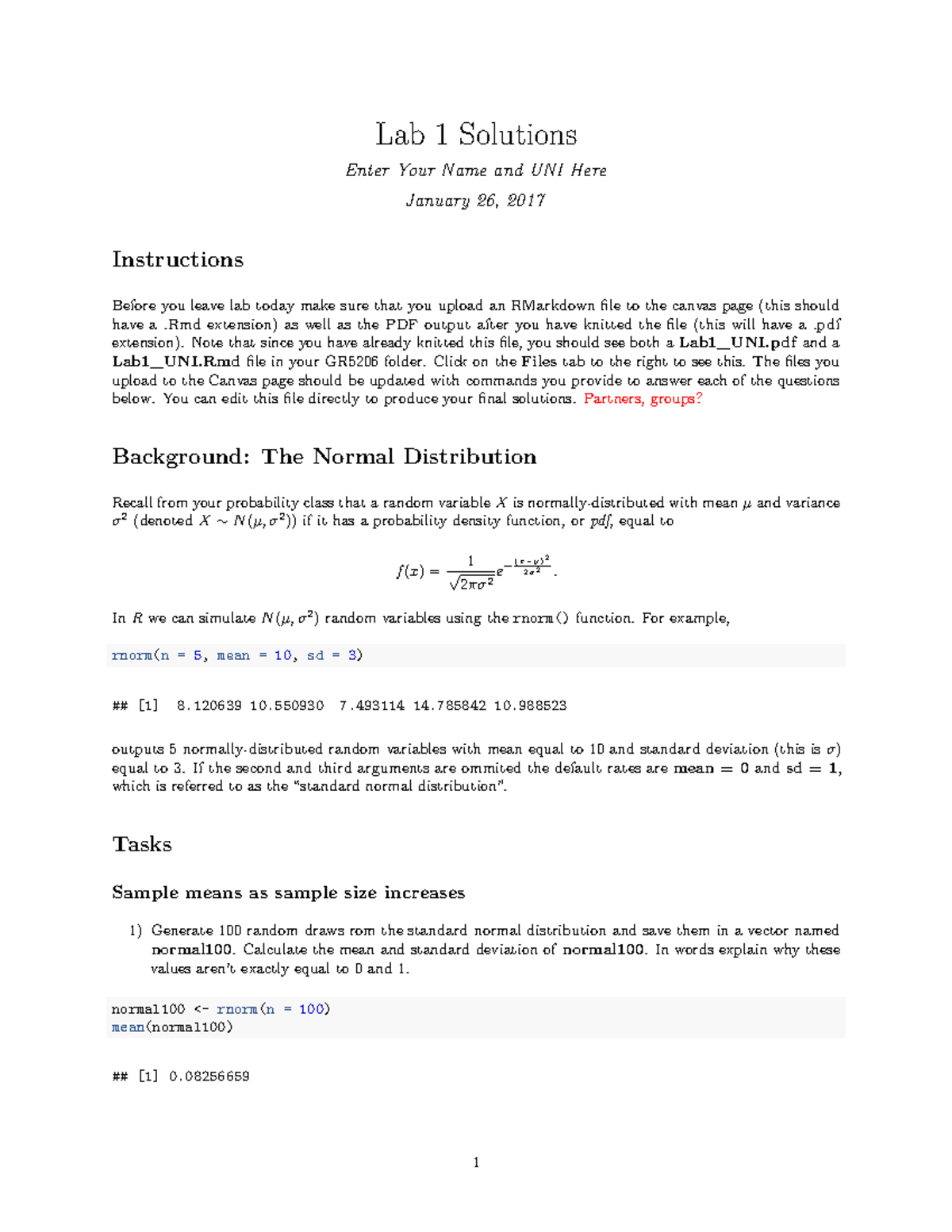 Lab1 Solutions - Lab 1 Solutions Enter Your Name and UNI Here January ...