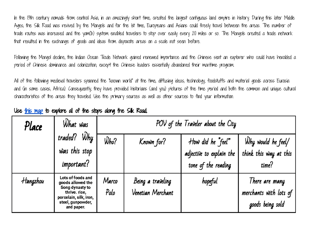 Student Example - Silk Roads My Map Activity - In the 13th century ...