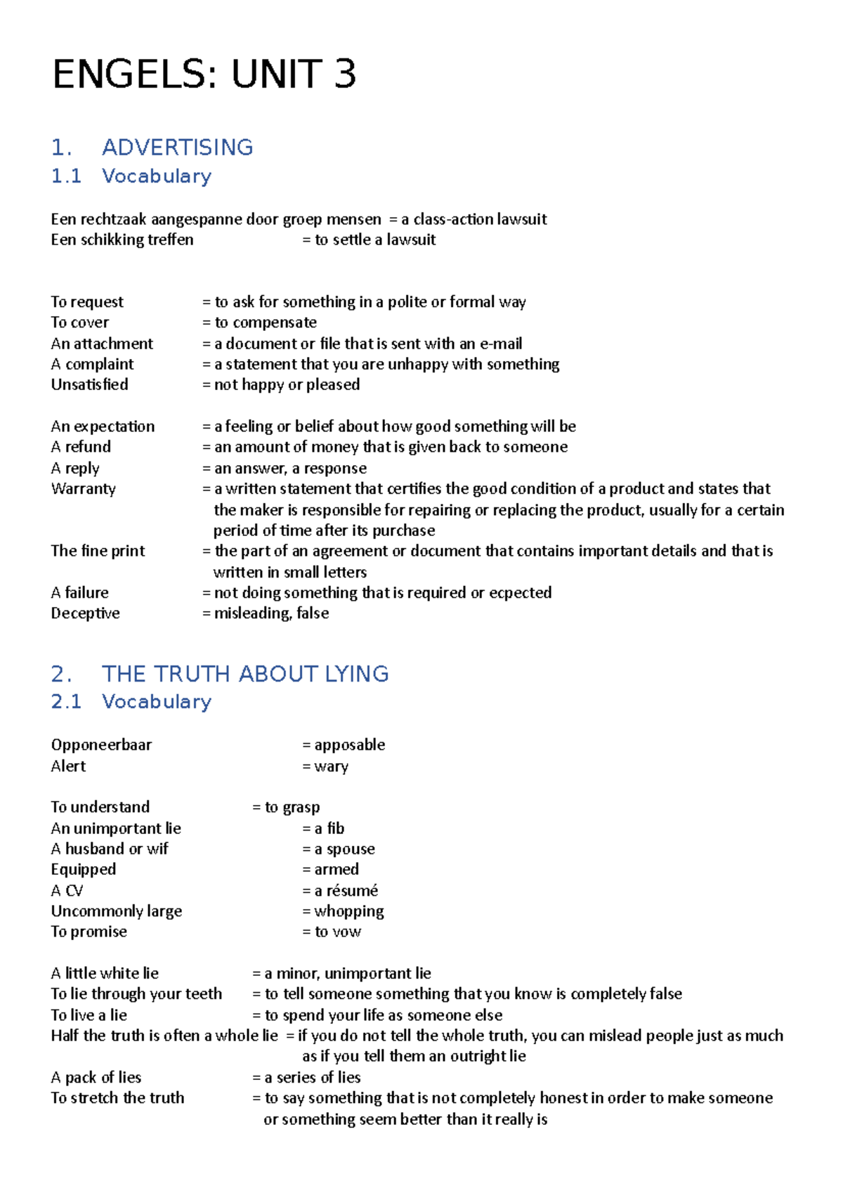 Unit 3 - Unit 3 - ENGELS: UNIT 3 1. ADVERTISING 1 Vocabulary Een ...