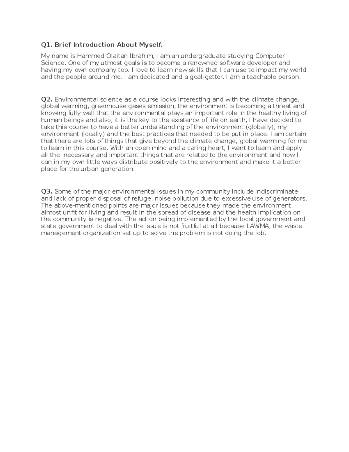 Learning Journal UNIT 1 ENVS1301 - Q1. Brief Introduction About Myself ...