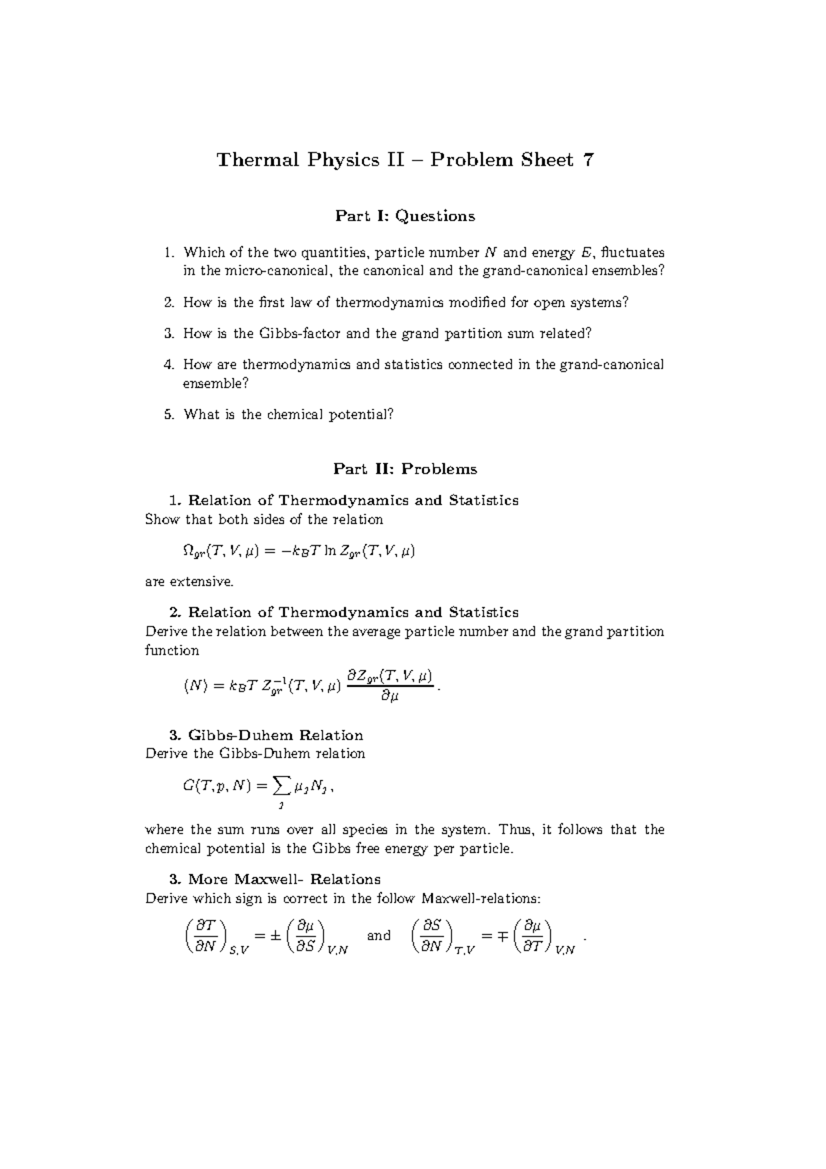 PX265 2012-2013 Problem Sheet 7 - Thermal Physics II – Problem Sheet 7 ...