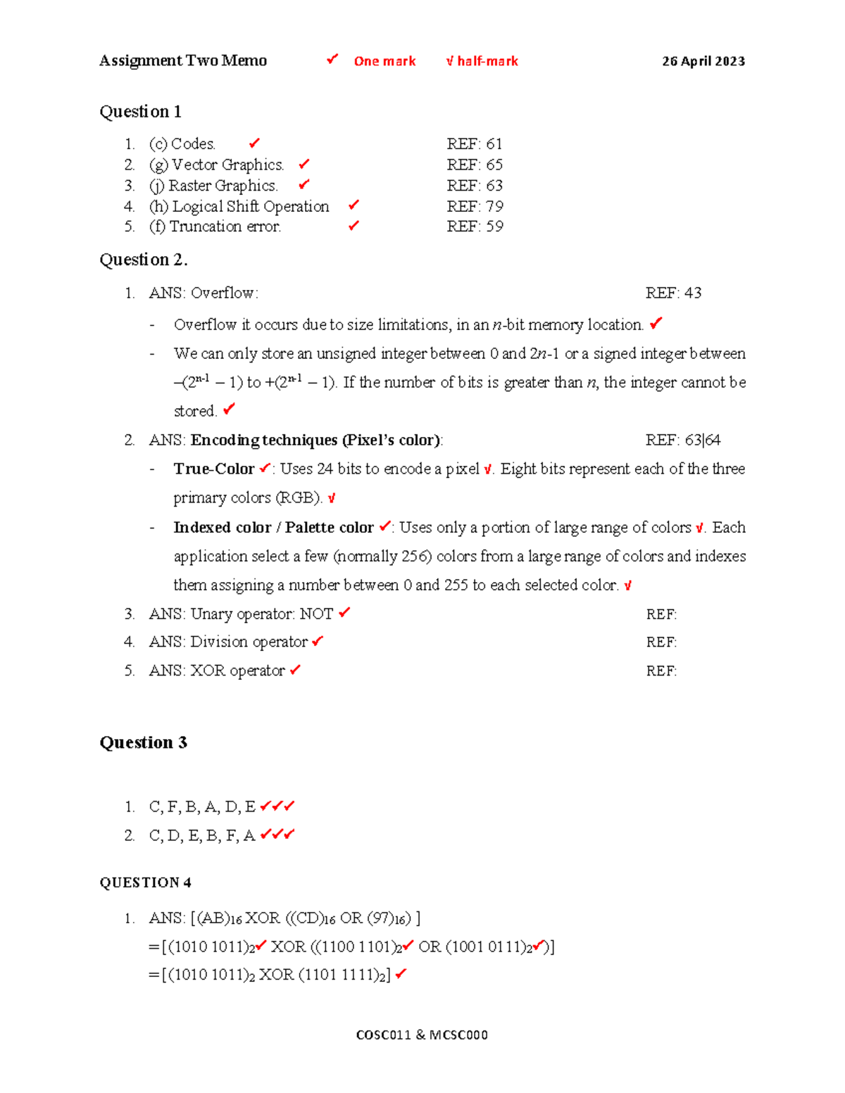 Assignment TWO Memo - Assignment Two Memo One mark √ half-mark 26 April ...