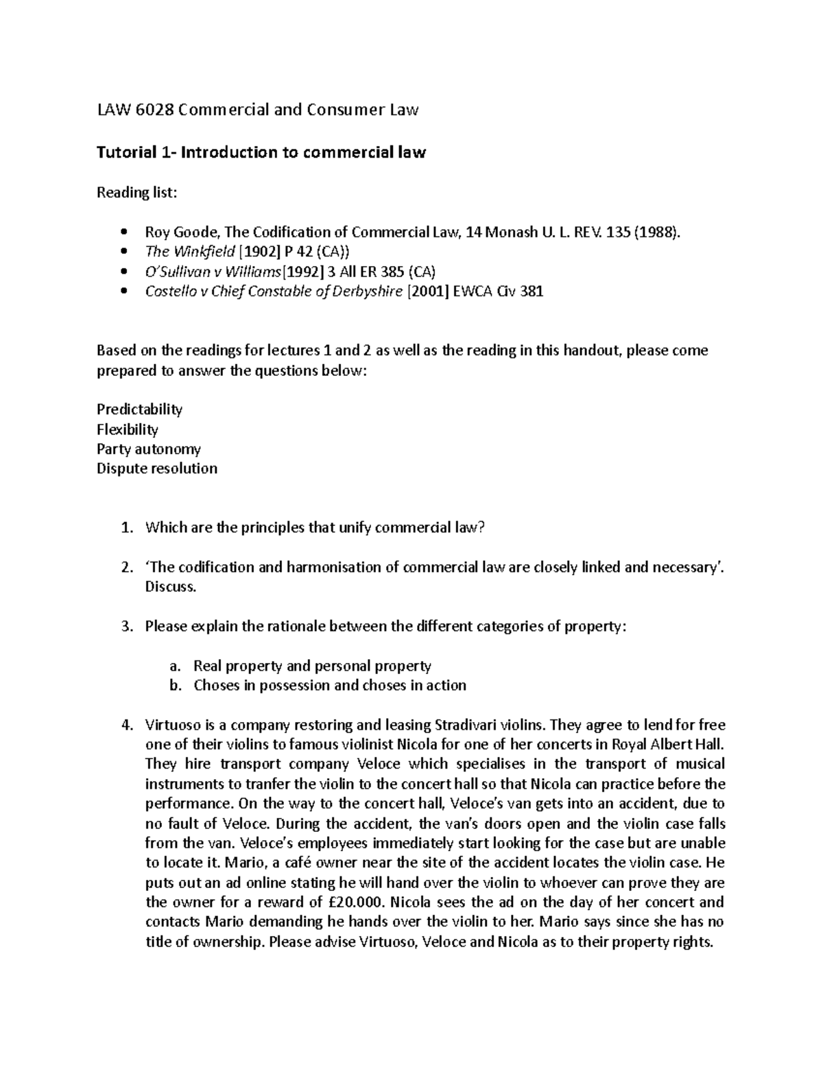 6028 tutorial 1 - tutoriak 1 - LAW 6028 Commercial and Consumer Law Tutorial 1- Introduction to ...