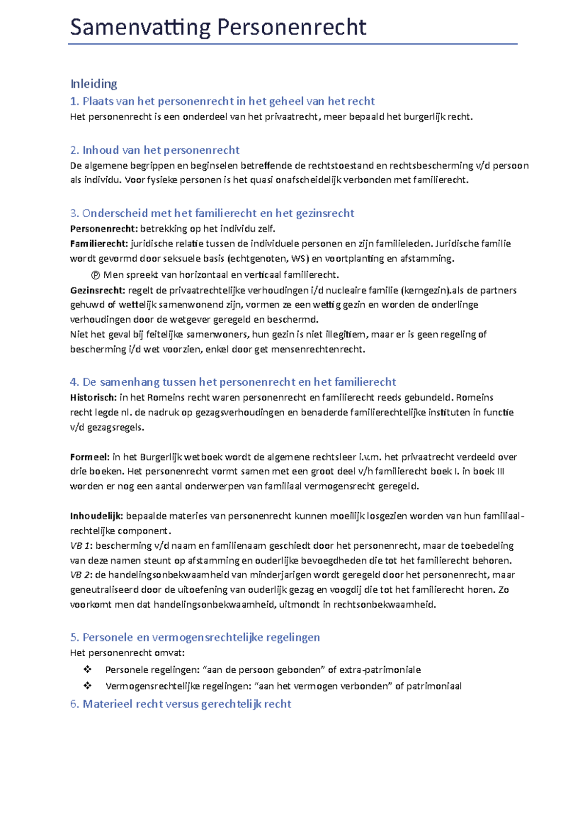 Samenvatting - Plaats van het personenrecht in het geheel van het recht ...