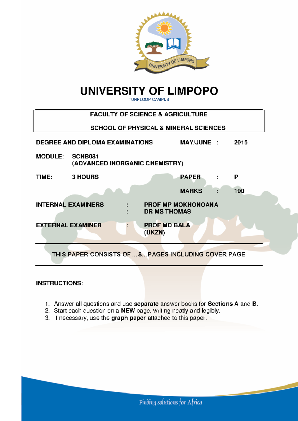2015 SCHB081 EXAM - CHEM - UNIVERSITY OF LIMPOPO TURFLOOP CAMPUS ...
