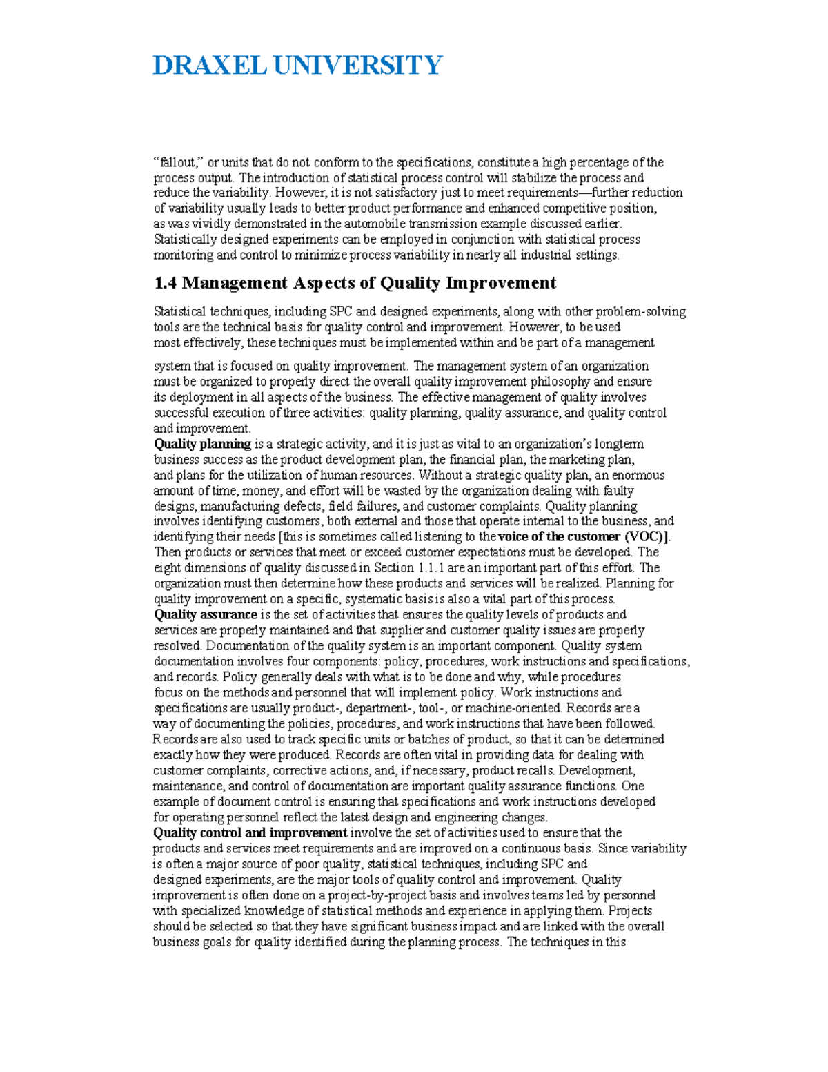 Lecturer Notes Statistical Process Control Chapter 4 Draxel University “fallout ” Or Units