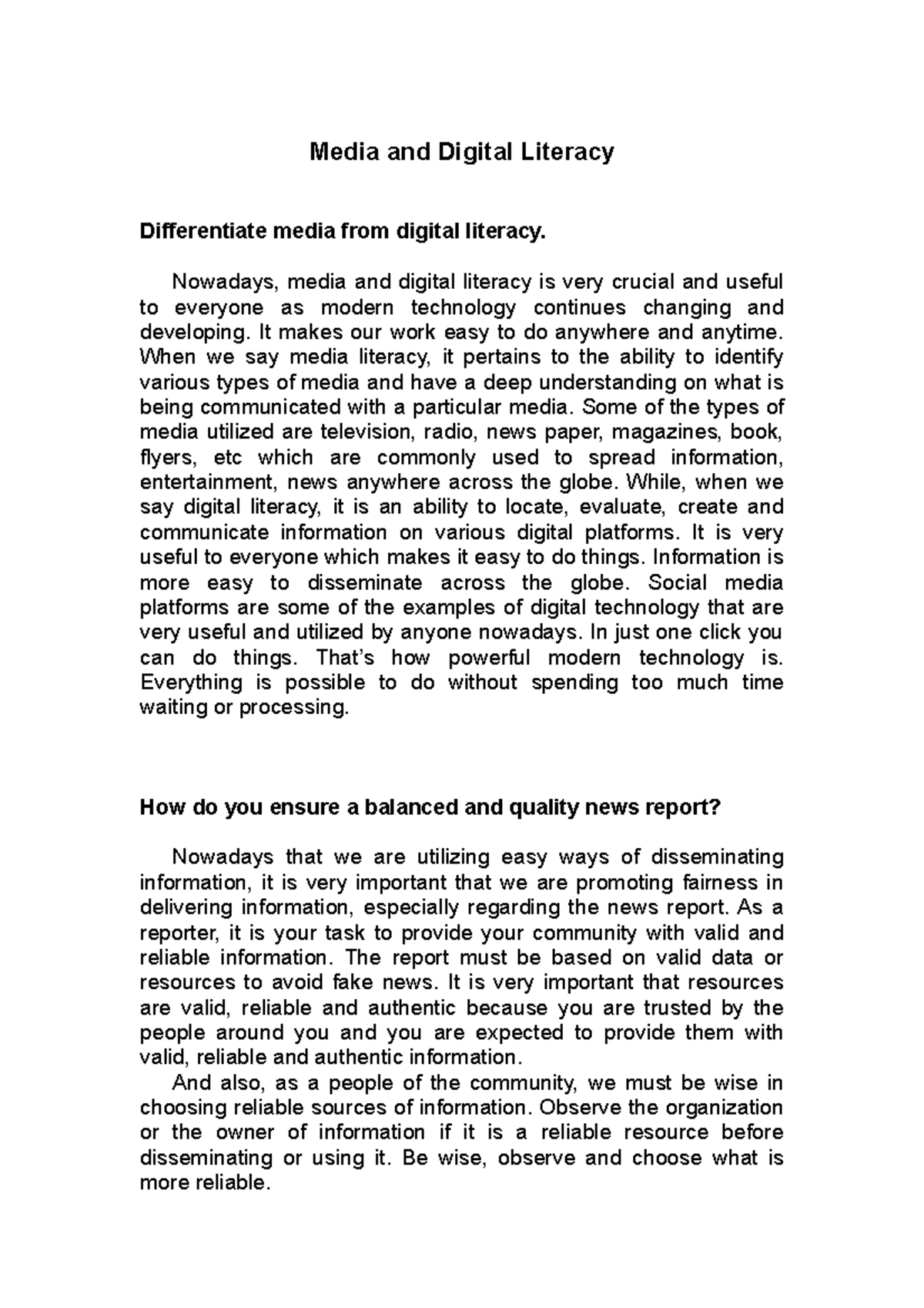 Media and Digital Literacy - Media and Digital Literacy Differentiate ...