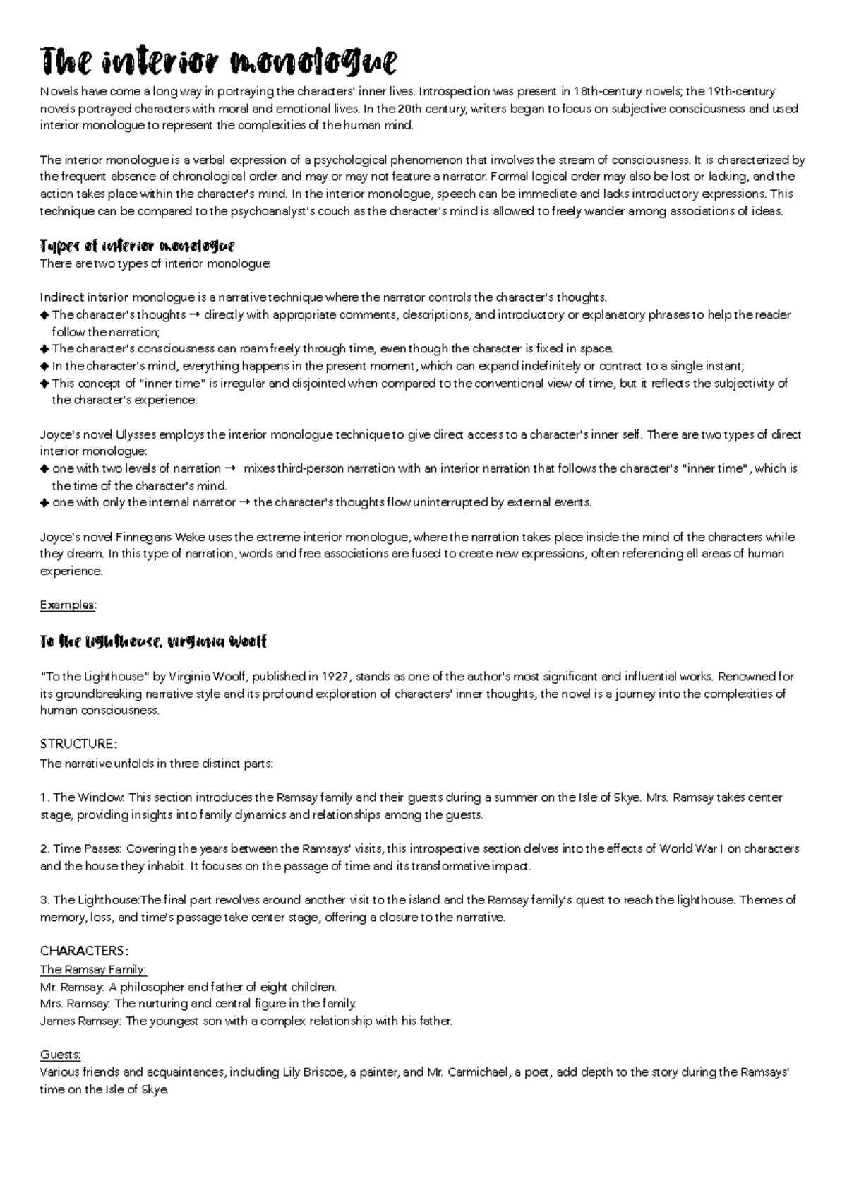 The interior monologue, examples To the Lighthouse+ Ulysses - The ...