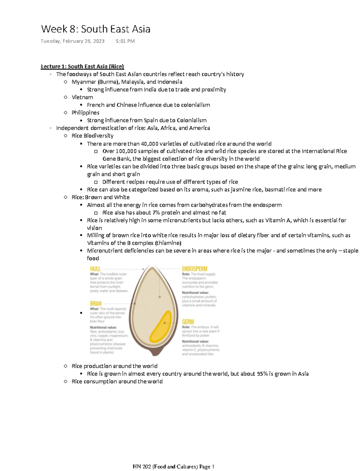 HN 202 (Food and Cultures) Week 8 - Lecture 1: South East Asia (Rice ...