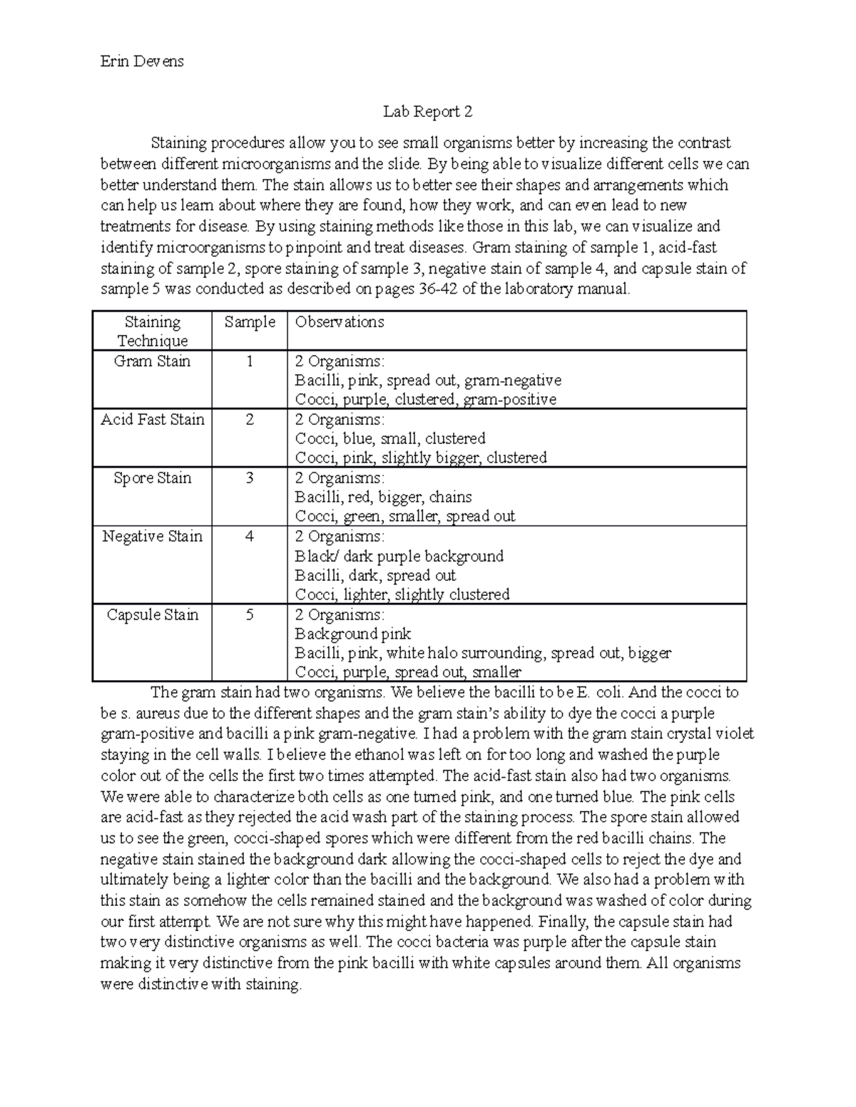 Lab Report 2 - Erin Devens Lab Report 2 Staining procedures allow you ...