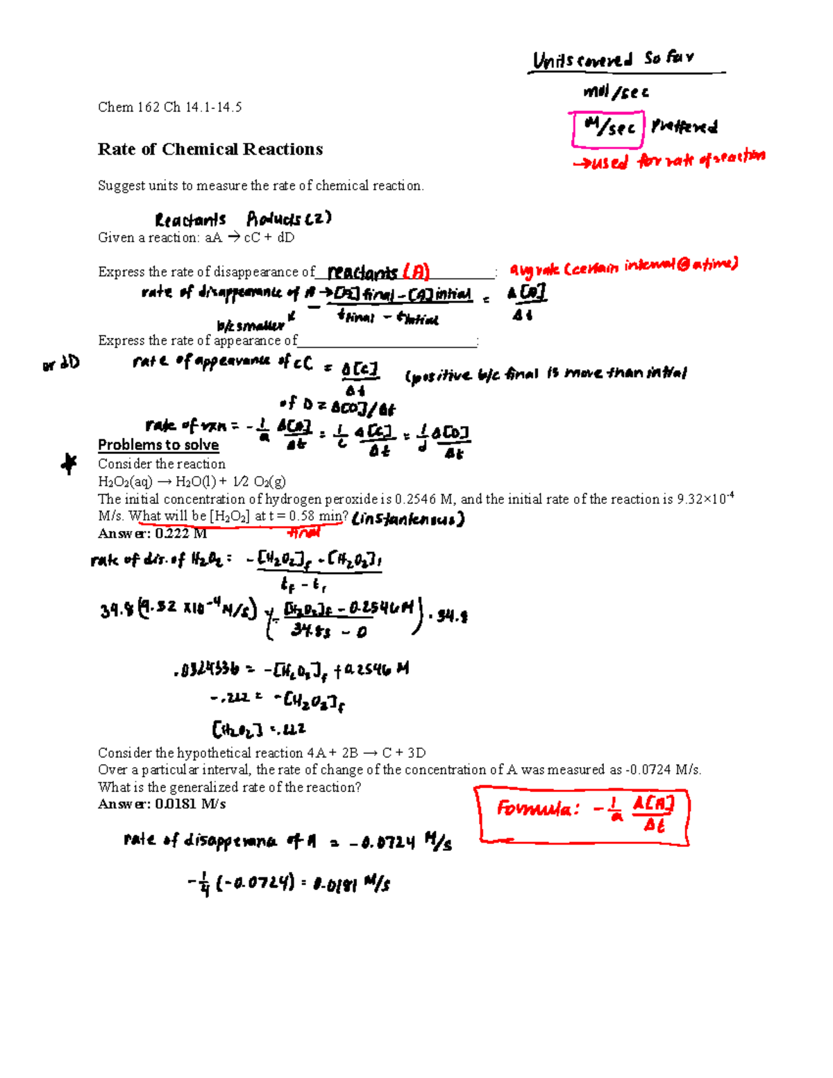 Rec -3 Ch 14 - rate of chemical reactions - Chem 162 Ch 14-14. 5 Rate ...