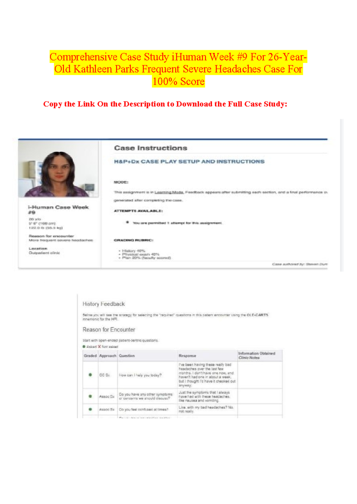 Comprehensive Case Study i Human Week #9 For 26-Year-Old Kathleen Parks Frequent Severe ...