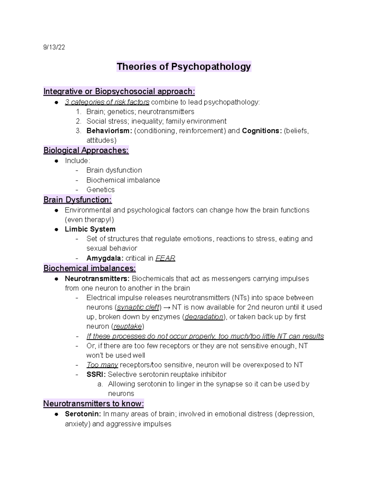 PSYC 261 Chapter 2 - Dr. D - 9/13/ Theories of Psychopathology Integrative or Biopsychosocial ...