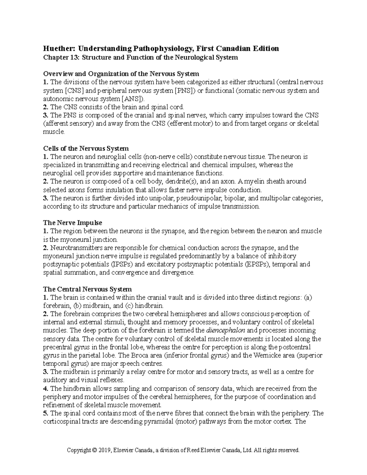Chapter 013 - Structure and Function of the Neurological System - Huether: Understanding - Studocu