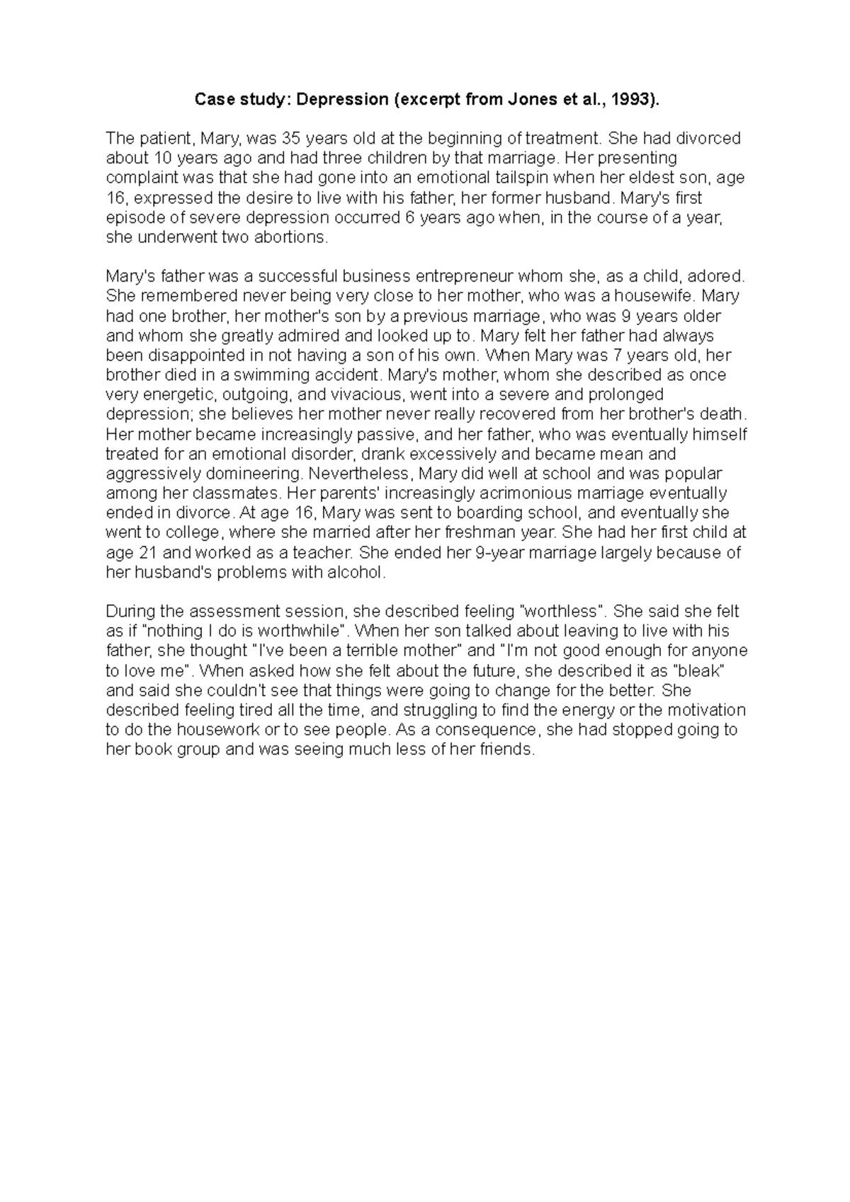 Case study depression - Lecture notes 1 - Case study: Depression ...