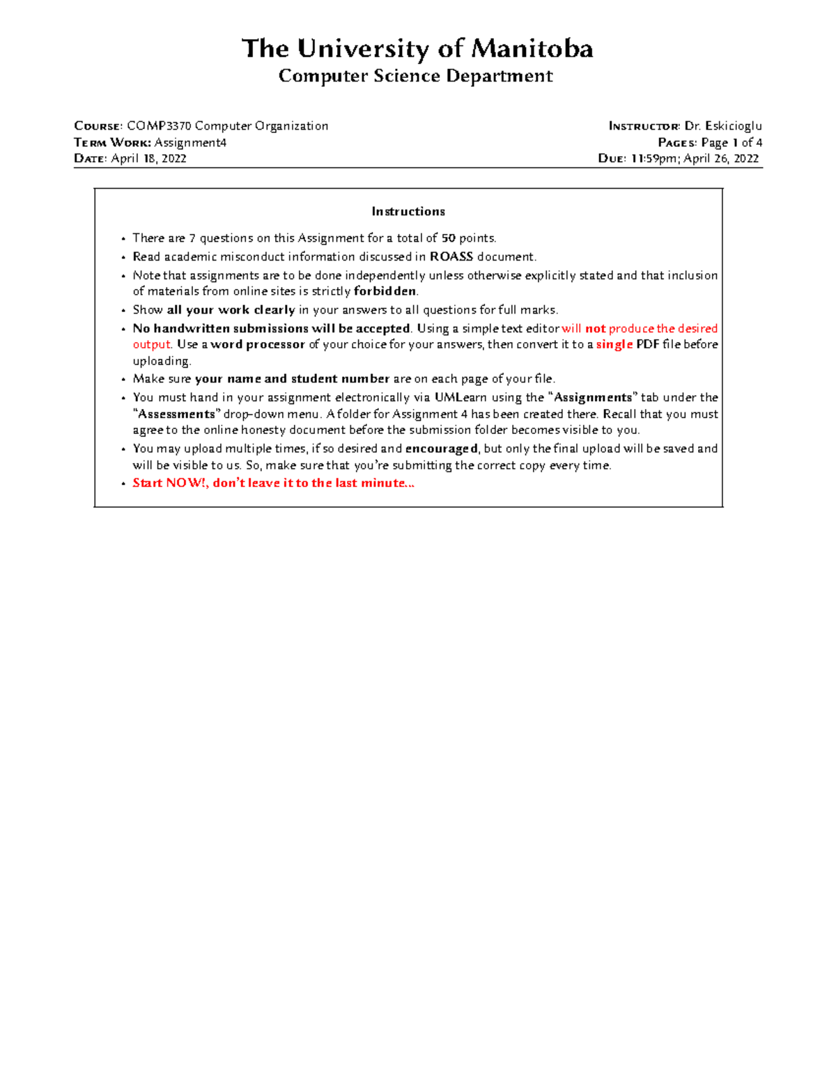 Assignment 4 - Course: COMP3370 Computer Organization Term Work ...