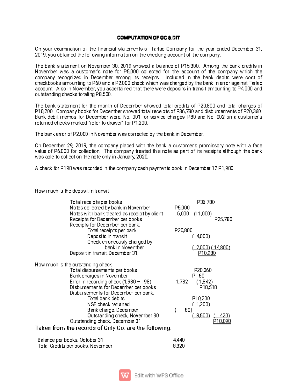 Computation-OF- Ocdit - COMPUTATION OF OC & DIT On your examination of ...