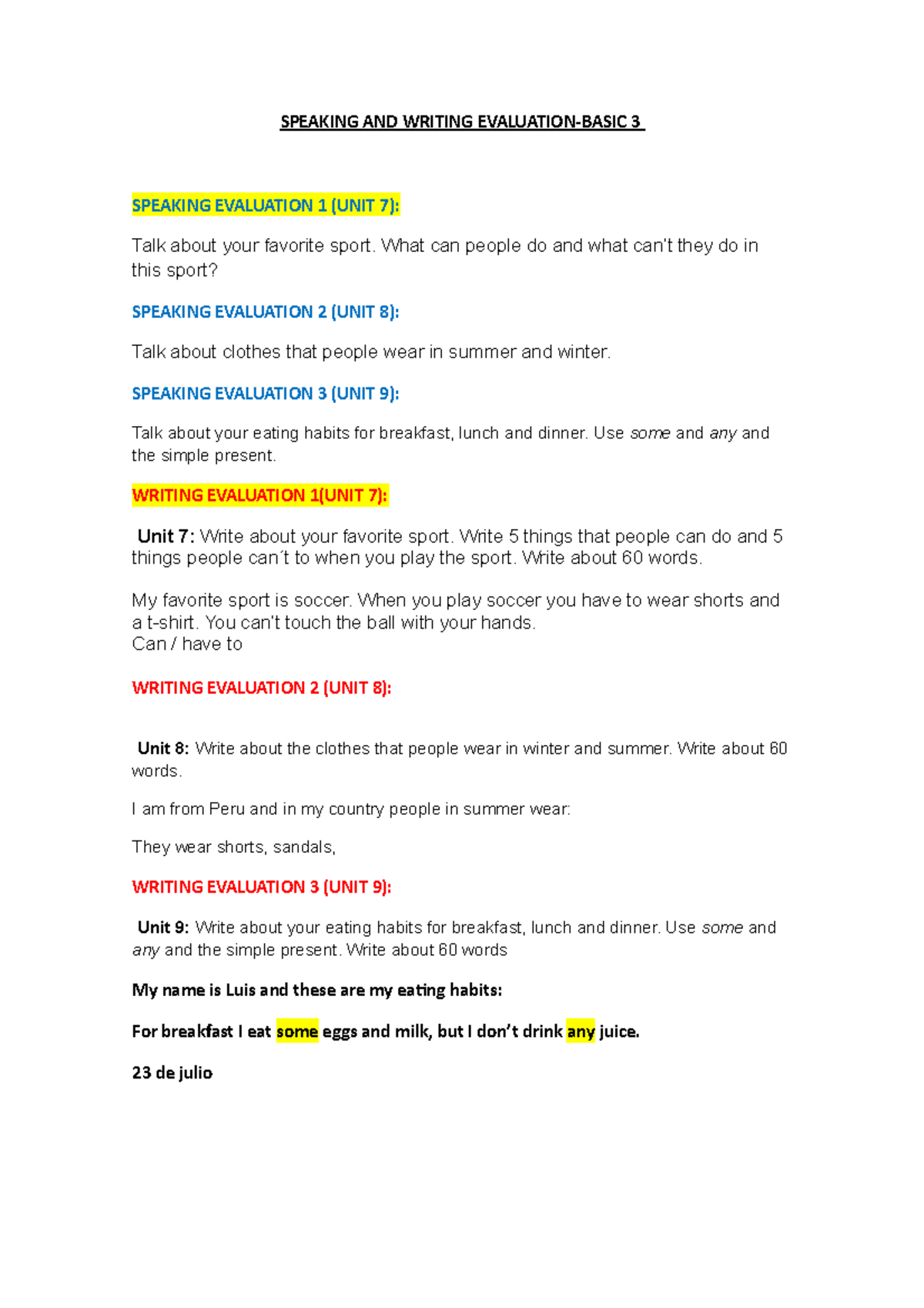 Speaking AND Writing Evaluation Basic 3 - SPEAKING AND WRITING ...