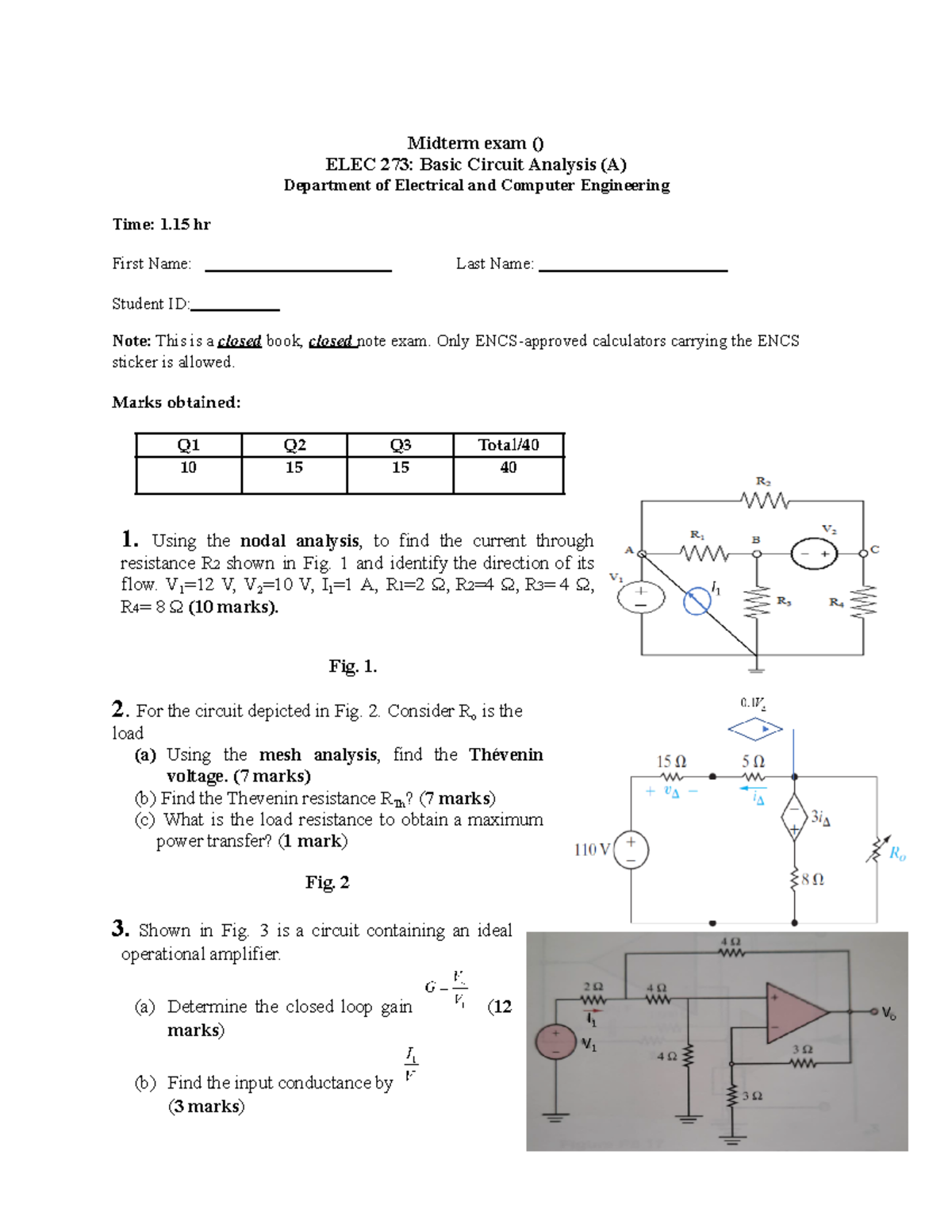 Midterm ELEC 273-2022Fall-Zhang-1 - Midterm exam () ELEC 273: Basic Circuit Analysis (A ...
