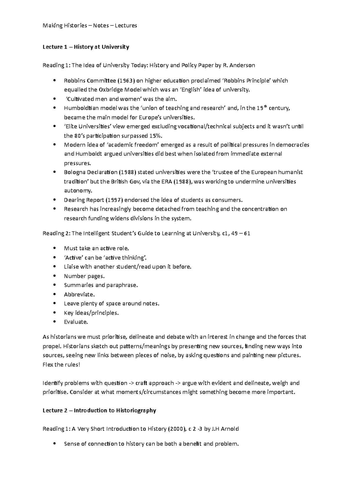 Notes - Lectures - Lecture 1 – History at University Reading 1: The ...