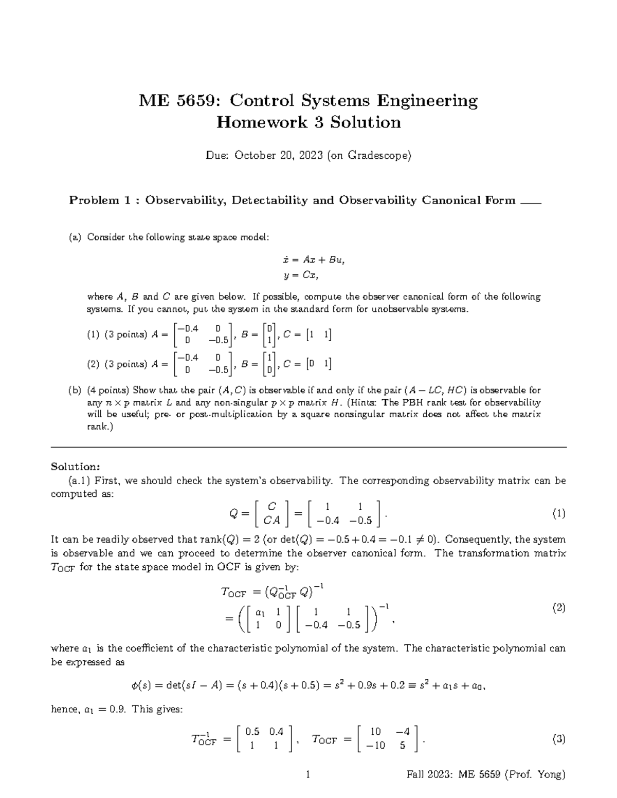 Homework 3 Solutions Fall 2023 Me 5659 Control Systems Engineering Homework 3 Solution Due