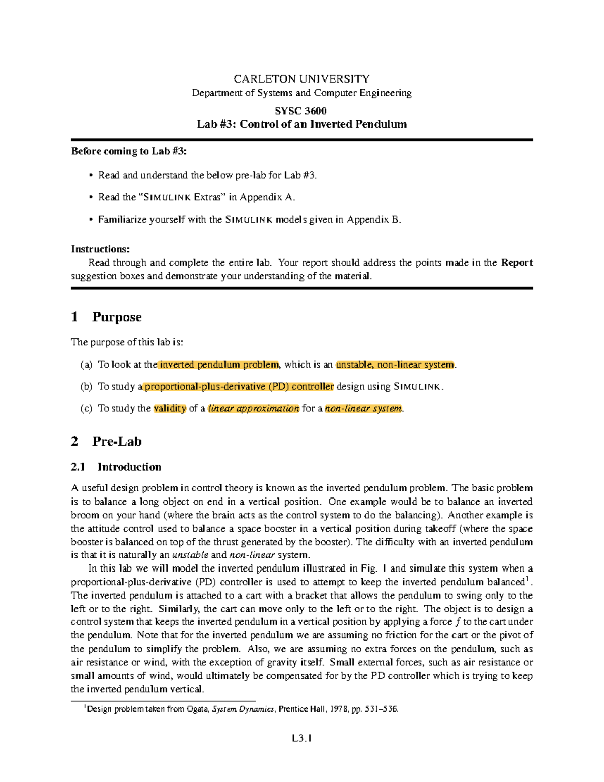Lab 3 Control Of An Inverted Pendulum Carleton University Department Of Systems And Computer
