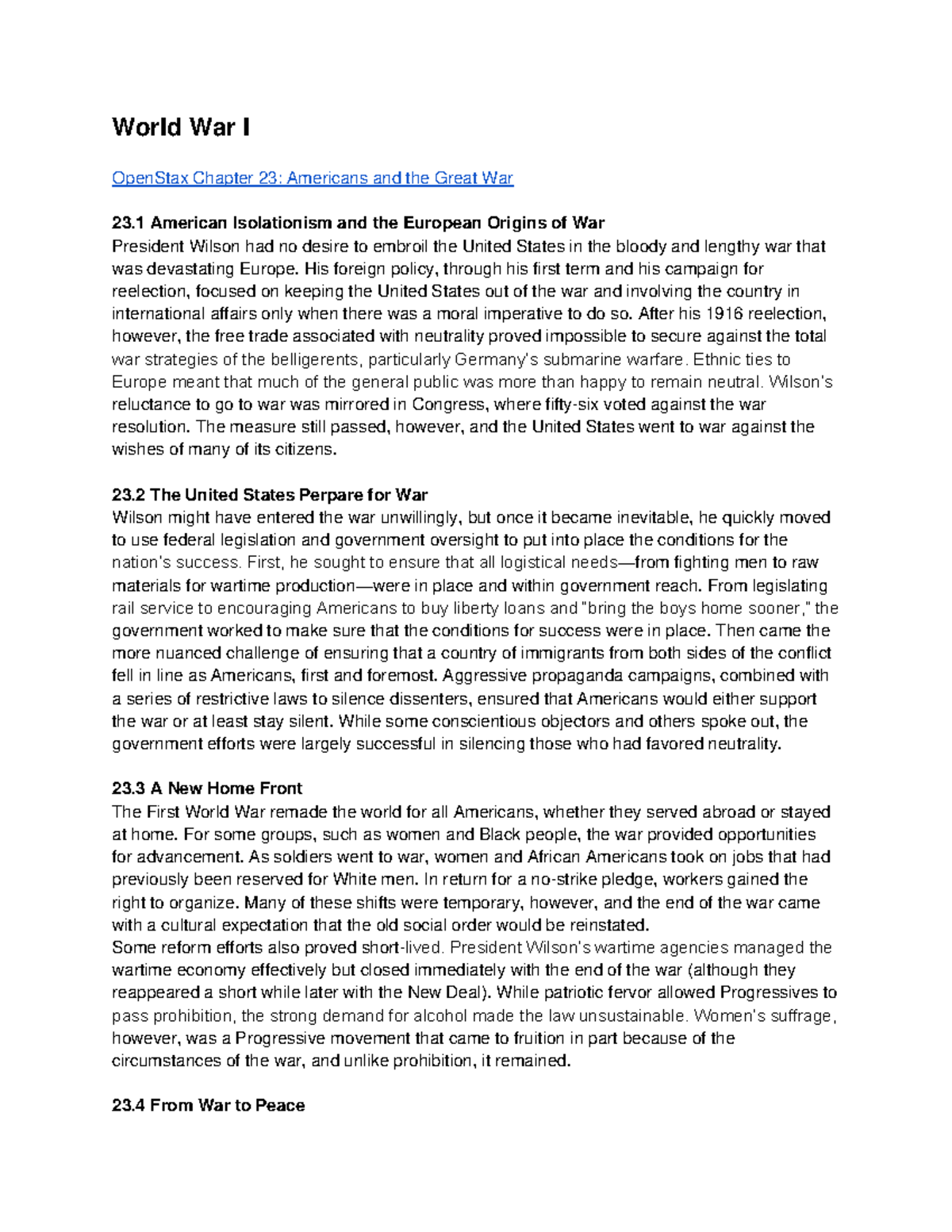Hist module 7 - World War I OpenStax Chapter 23: Americans and the ...
