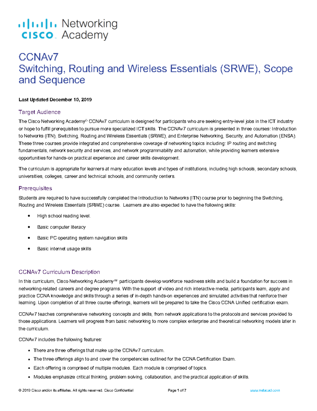 SRWE v7 Scope and Sequence - CCNAv 7 Switching, Routing and Wireless Essentials (SRWE), Scope ...
