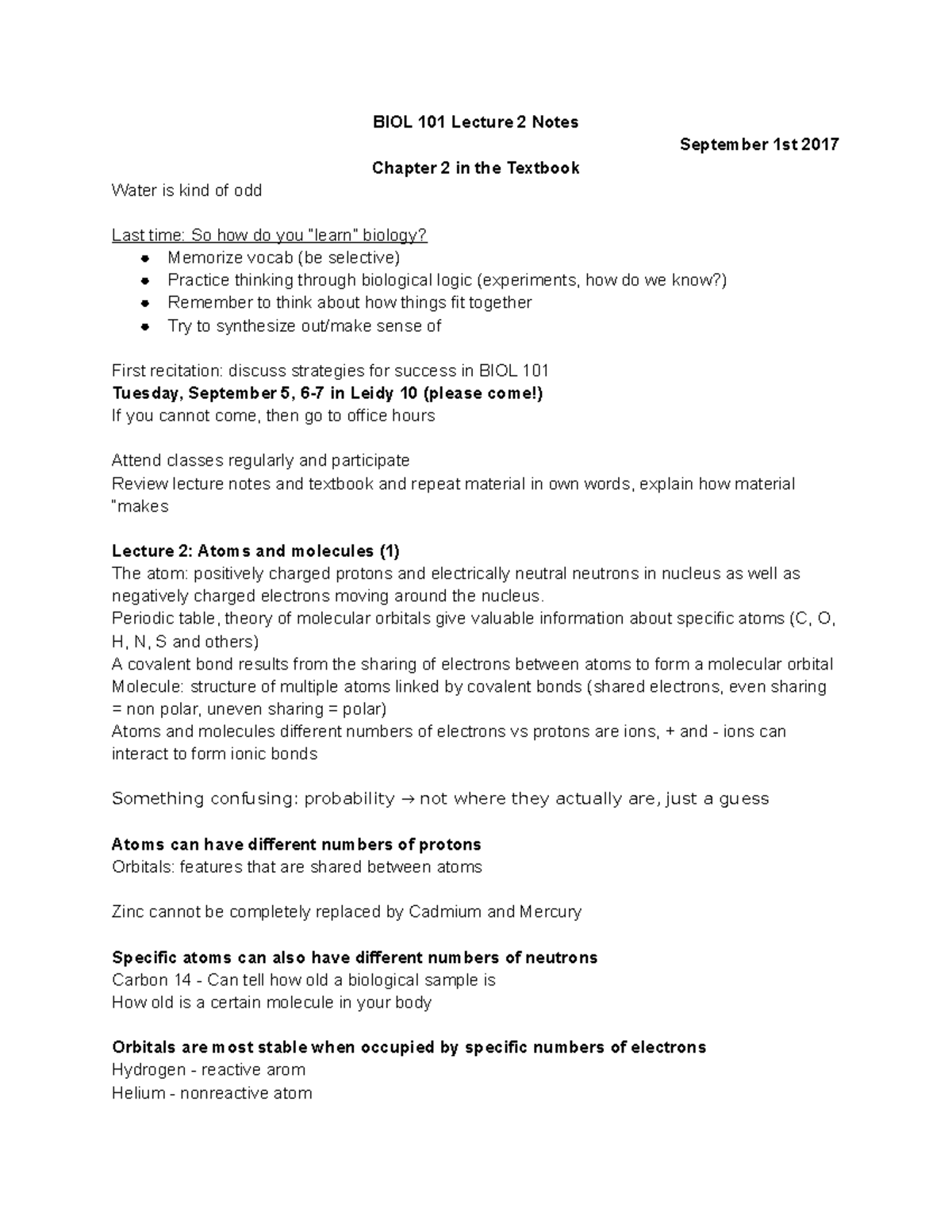 BIOL 101 Lecture 2 Notes - BIOL 101 Lecture 2 Notes September 1st 2017 ...
