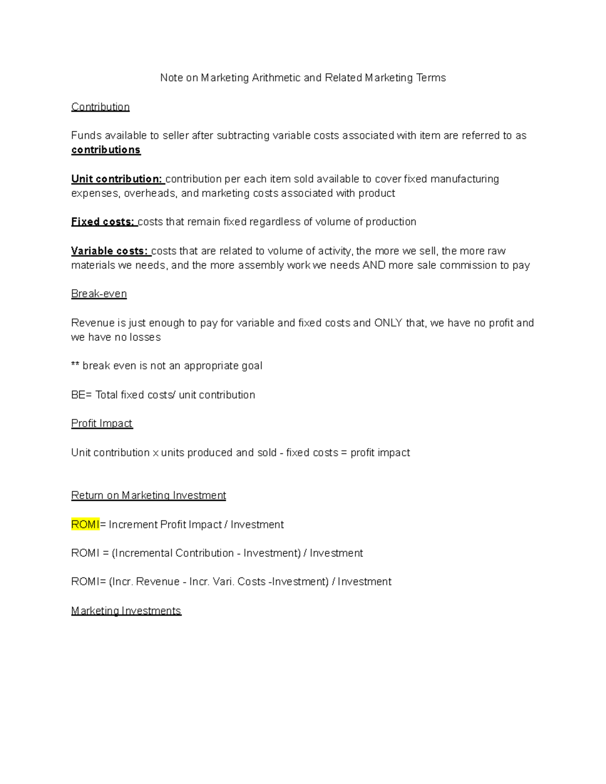 MARK 301 Numeracy - Note on Marketing Arithmetic and Related Marketing Terms Contribution Funds ...