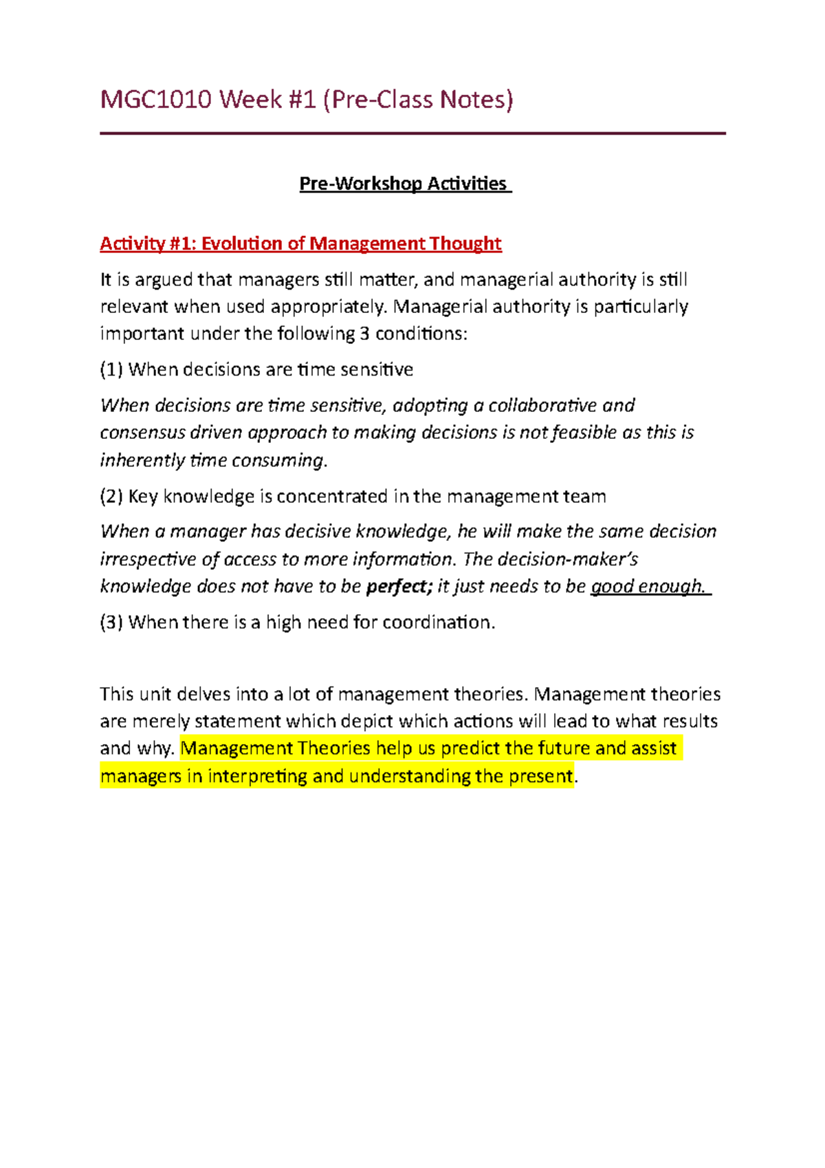 MGC1010 Week 1: Lecture Notes - MGC1010 Week #1 (Pre-Class Notes) Pre ...