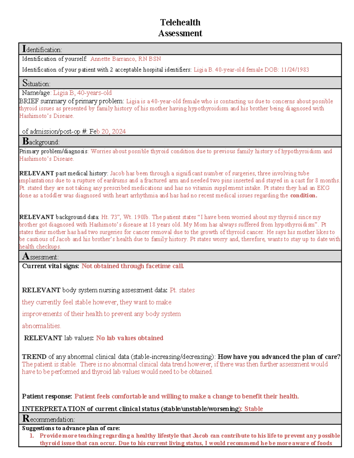 Isbar assessment - Telehealth Assessment Identification: Identification ...