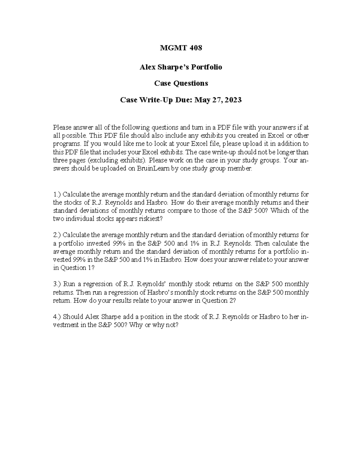 Mgmtfe 408 alex sharpe portfolio case questions - MGMT 408 Alex Sharpe ...