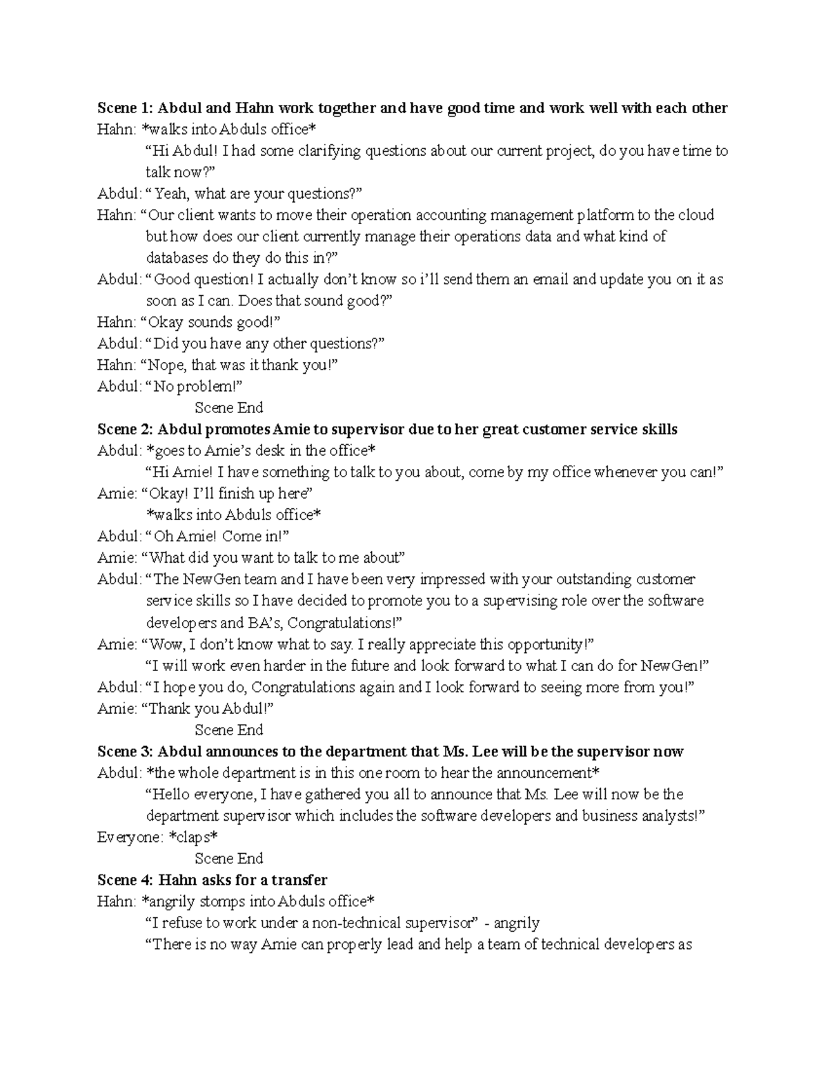 340 Skit Final Project Script - Scene 1: Abdul and Hahn work together ...