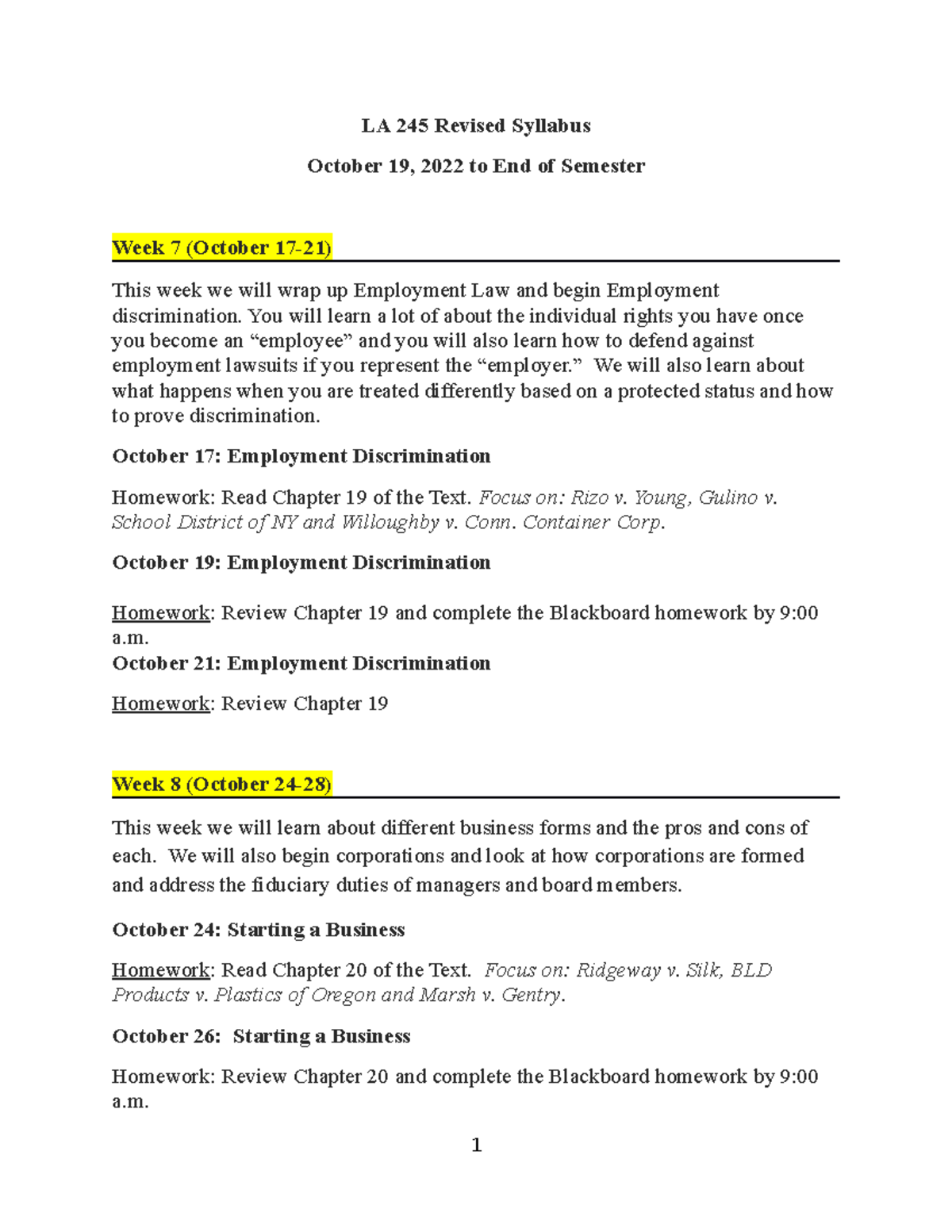 Revised Syllabus - LA 245 Revised Syllabus October 19, 2022 to End of ...