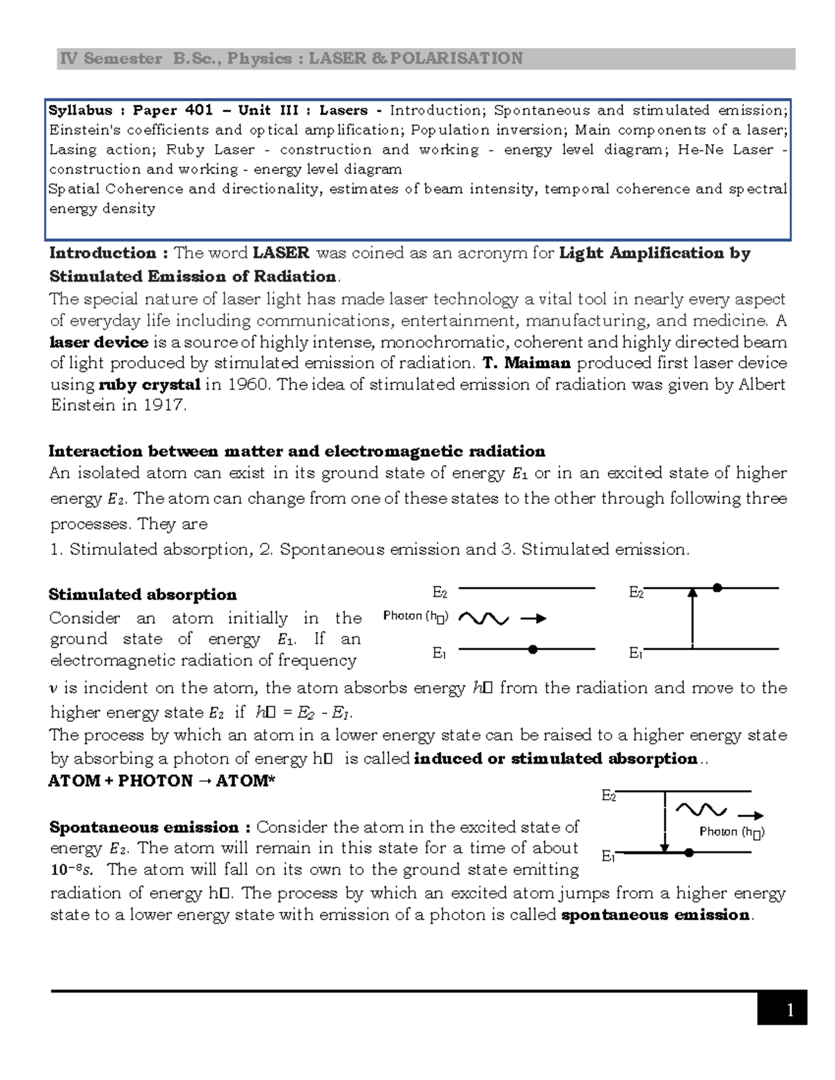 Lasers-polarisation-1 - Syllabus : Paper 401 – Unit III : Lasers - Introduction; Spontaneous and ...